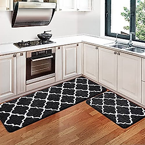 KMAT Kitchen Rugs and Mats [2 PCS] Super Absorbent Microfiber Kitchen Mat Non Slip Machine Washable Runner Carpets for Floor, Kitchen, Bathroom, Sink, Office, Laundry,28"x17.3"+47"x17.3",Black