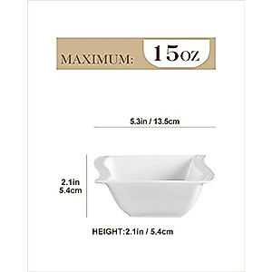 MALACASA Cereal Bowls Set of 6, 15oz Soup Bowls, Porcelain Ice Cream Bowls, White Bowls for Kitchen, Square Serving Bowls for Salads Fruits Pasta Dessert Side Dish, 5.3", Microwave Safe, Series Flora