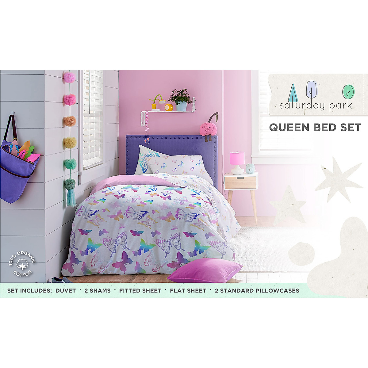 Saturday Park Ombre Butterflies Queen Bed Set - 7 Piece 100% Organic Cotton Bedding - GOTS & Oeko-TEX Certified