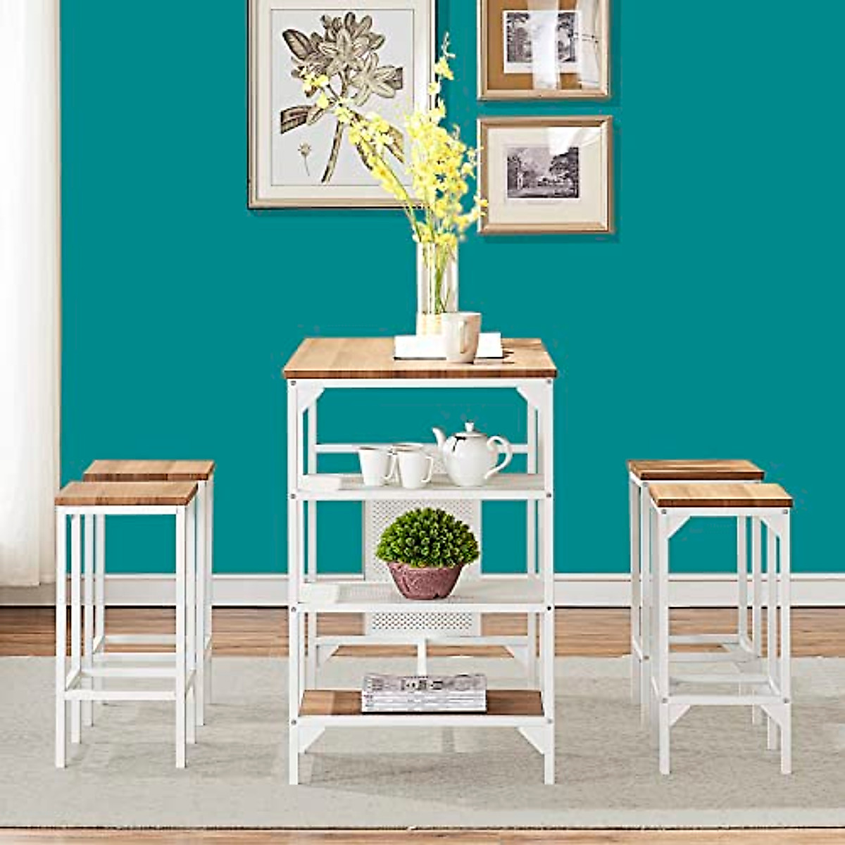O&K FURNITURE Small 5-Piece Dining Room Bar Table Set, Modern Industrial Bistro Restaurant Dining Table and Stool Set, Home Kitchen Furniture, Oak Finish