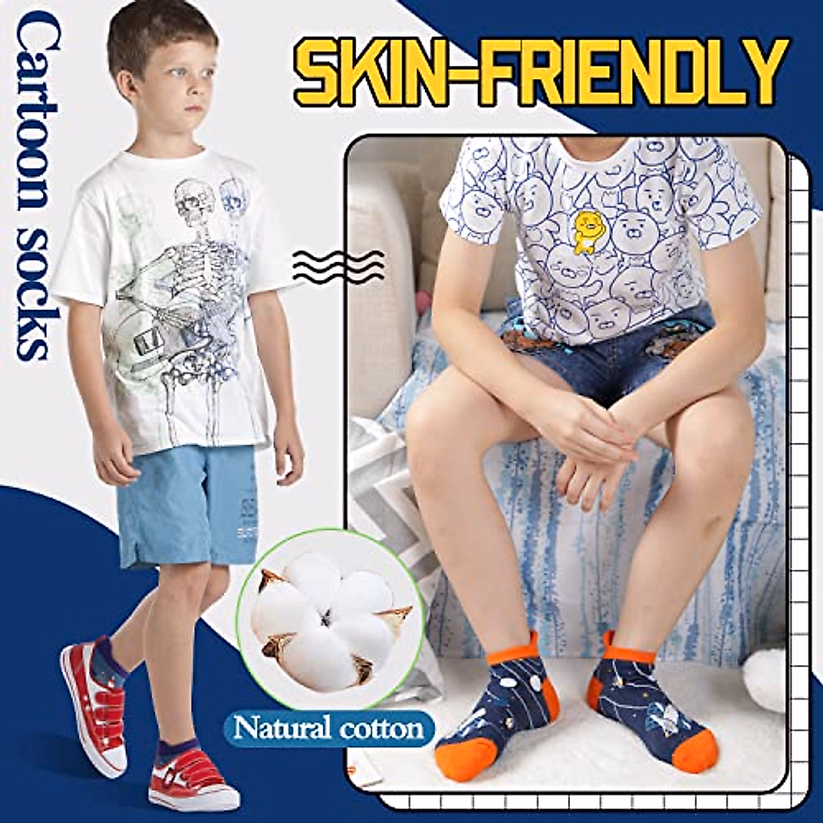 Welwoos Kids Boys Ankle Socks No Show Low Cut Funny Cute Cartoon Novelty Cotton Socks 6 Pairs Gifts Stocking Stuffers for Boys Kids(Space,,9-14 Y)