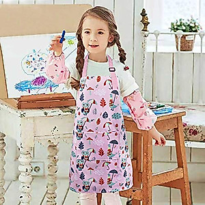 Pipoobear Kids Apron and Chef Hat for Girls Aged 6-12, Pink Children Kitchen Chef Costume Dress Up Set, Toddler Cotton Apron with Pocket and Adjustable Strap for Cooking Baking Painting Gardening