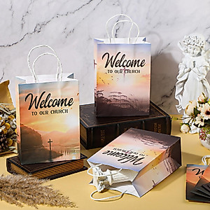 Chuangdi 50 Pcs Church Welcome Bags 5.91 x 3.15 x 8.27 Inches Religious Gift Bags Welcome to Our Church Paper Bags with Handles for Hotel Birthday Bulk Baptism Guest Party Favor Supplies (Landscape)