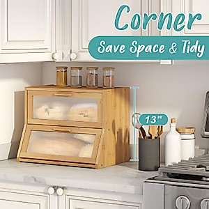 Vriccc Bread Box for Kitchen Counter, Large Bamboo Wooden Double Layer Large Capacity Bread Storage Bin with Acrylic Wavy Door Panel (Natural)