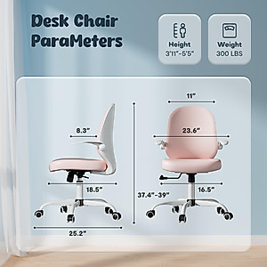 Kids Desk Chair with Arms and Wheels, Pink Ergonomic Leather Comfy Office Chair with Flipping Armrests, Study Chair for Girls and Boys, Small and Cute Adjustable Height Computer Desk Chair