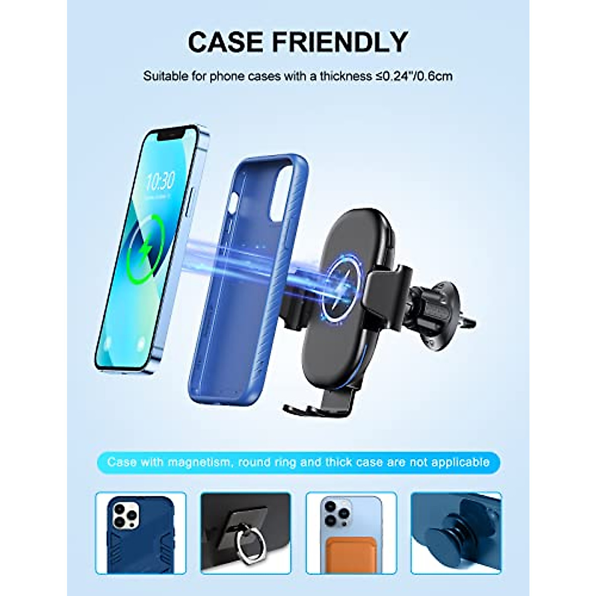 OBRFFE Wireless Car Charger Mount [QC 3.0 Car Charger Included], Max 15W Qi Fast Charging Phone Mount for Car Air Vent Compatible with iPhone 14 13 12 11 Pro Max/XR/XS/X, Galaxy Note 20/S23/S22, etc