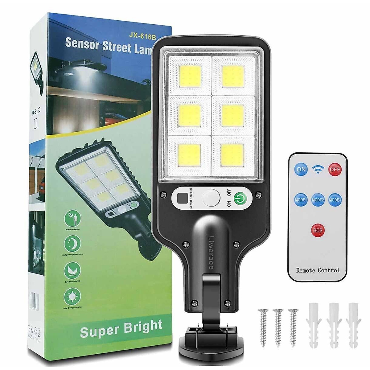 Solar Street Light Outdoor, Solar Street Light Parking Lot Lights Commercial Dusk to Dawn, 6500k IP65 Waterproof Led with Remote Control Motion for Street,Court,Tree