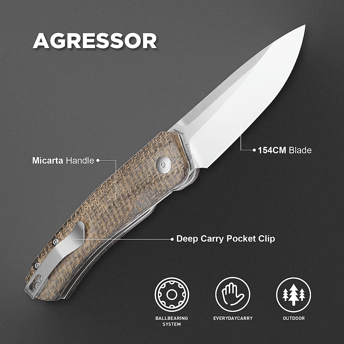 Kizer Agressor EDC Knife, 2.99 In 154CM Steel Blade Pocket Knife Green Micarta Handle Front Flipper Tools V3629C1