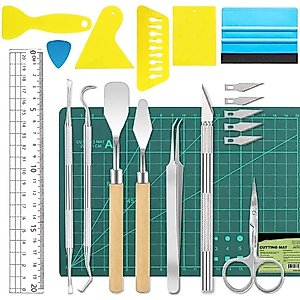 MMOBIEL 19 Pcs Vinyl A5 Cutting Mat Stainless Steel Craft Tool Set Including Scrapers, Professional Scalpel Knife, Spatula Spudgers, Ruler Tweezer and Scissors