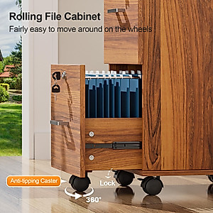 VINGLI 2-Drawer Rolling File Cabinet with Lock, Wood Mobile Filing Cabinet for Hanging Letter Size Filings Under Desk File Cabinet for Home Office, Assembly Required, Classic Walnut, 26.5" H