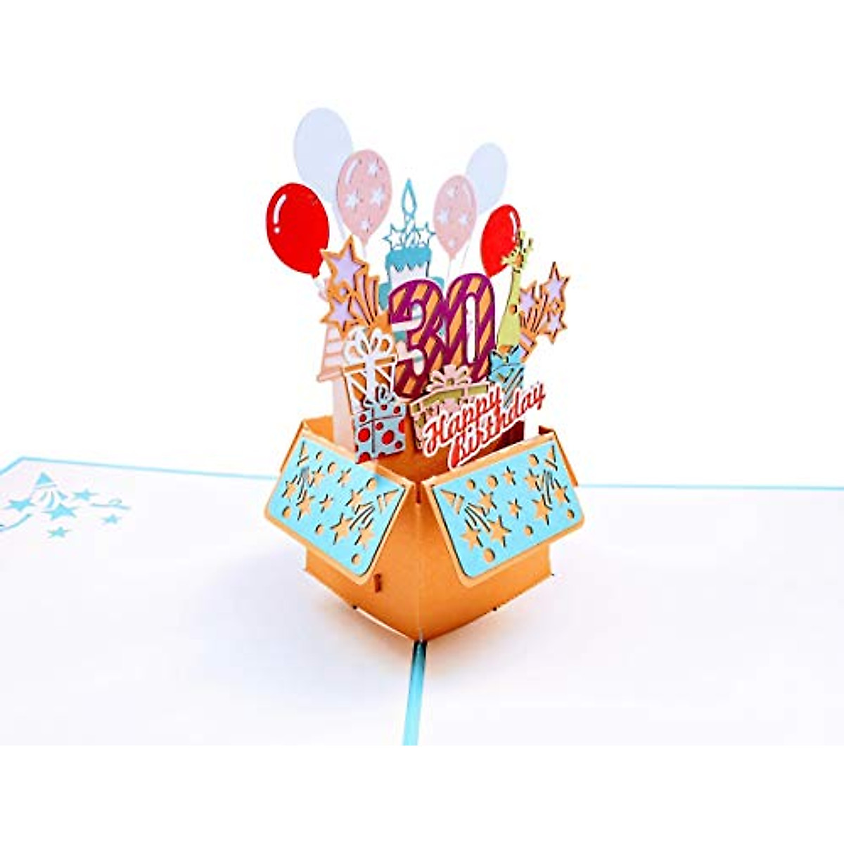 iGifts And Cards Happy 30th Blue Birthday Party Box 3D Pop Up Greeting Card - Thirty, Awesome, Cute, Congrats, Unique, Gift, Presents, Celebration, Feliz Cumpleaños, Balloons