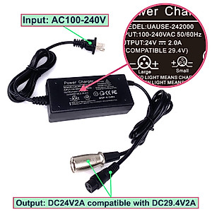 24V2A 3 Prong and 3-pin XLR Connector Lithium Battery Charger for Razor Go-Go Elite Traveller SC40E/SC44E, Ezip Mountain Trailz,Schwinn 4.0 S400 S500 Jazzy 29.4V All Brands Power Charger