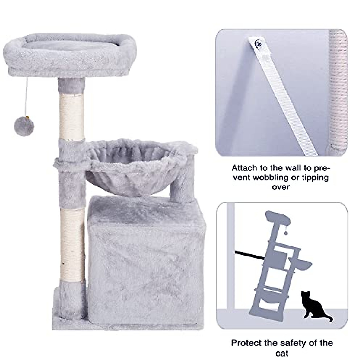 Heybly Cat Tree Cat Tower Condo with Sisal-Covered Scratching Posts and Basket for Kitten Light Gray HCT002SW