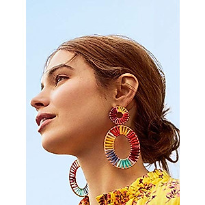 Statement Rattan Raffia Hoop Drop Earrings for Women Geometric Handmade Colorful Rainbow Earring