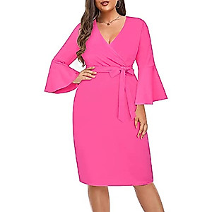 Hot Pink Barbie Dress Plus Size Wrap Around Cocktail Wedding Guest Bell Sleeve Elegant Evening Party Bodycon Dress Curvy Women