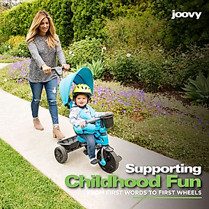 Joovy Tricycoo 4.1 Kids Tricycle with 4-Stages Featuring Extra-Wide Front Tire, Removable and Adjustable Parent Handle, Safety Harness, Machine-Washable Seat Pad, and Retractable Canopy (Blue)