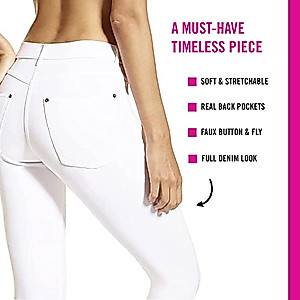 HUE Jeggings & Tunic-Essential Denim Stretchy Jeans for Women-V Neck Legging Tee, White, Medium