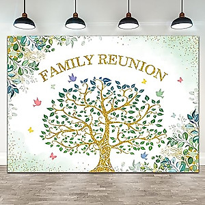 Wollmix Family Reunion Decorations Backdrop Banner Family Tree Leaves Members Welcome Signs Photography Background Gathering Gold and Green Supplies Photo Banner Booth Props 7x5ft