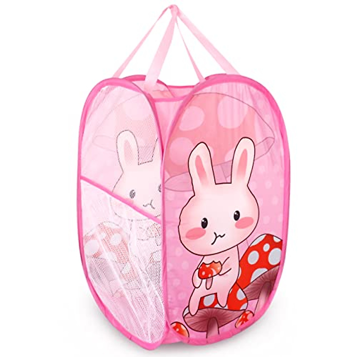 WEI LONG Mesh Popup Hamper-Foldable Lightweight Basket for Washing-Durable Clothing Storage for Kids Room,Students College Dorm,Home,Travel & Camping-Pop-up Clothes Hamper (Pink Rabbit)