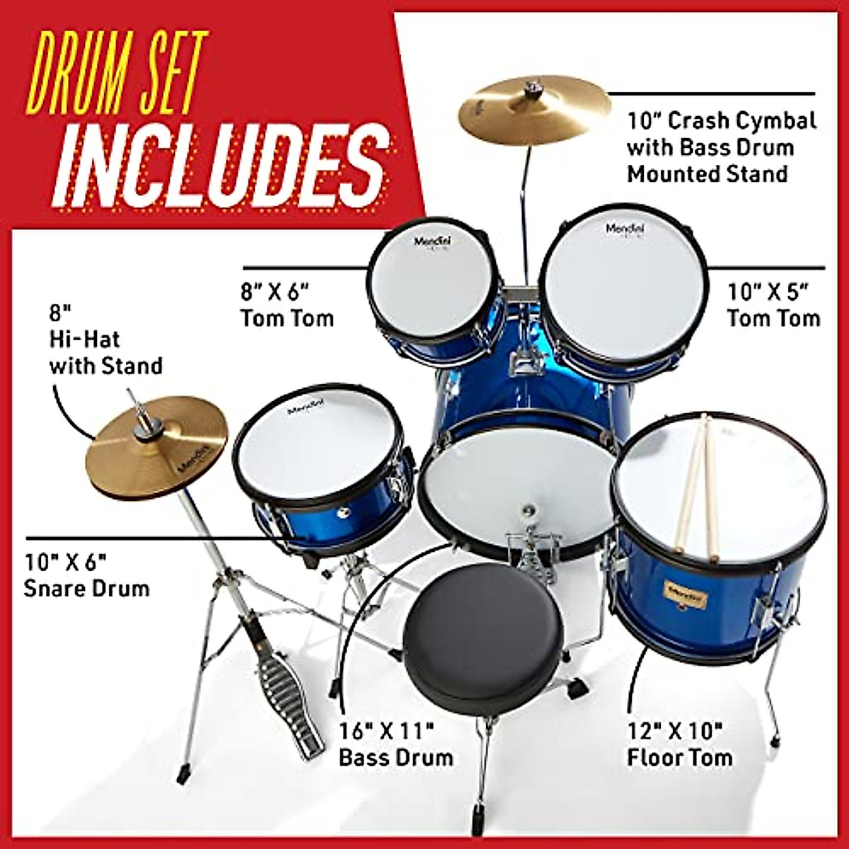 Mendini by Cecilio Kids Drum Set 5 Piece - Full 16in Youth Drumset with Bass, Toms, Snare Drum, Cymbal, Hi-Hat, Drumsticks & Seat for 5 to 12 Year Old and Beginner Adult Set - Blue