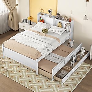 Full Size Bed Frame with Bookcase Headboard,Captain’s Bed Full with Trundle and Drawers for Kids,Trundle Bed with Storage for Teens,Adults(Full,White)
