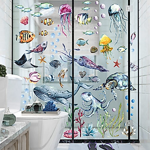 LiveGallery Ocean Life Wall Decals Under The Sea Wall Stickers Whale Jellyfish Clownfish Sea Turtle Cuttlefish Shell Seaweed Conch Coral Wall Decorations for Kids Bedroom Living Room Nursery