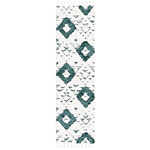 Safavieh Moroccan Tassel Shag Collection Runner Rug - 2'3" x 12' Runner, Green & Ivory, Boho Design, 2-inch Thick Ideal for The Living Room, Bedroom, Dining Room (MTS688Y-212)