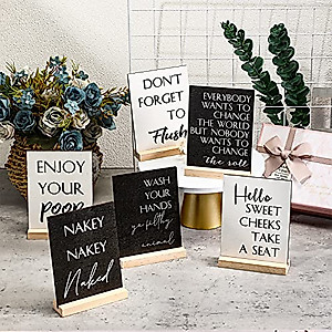 6 Pieces Funny Bathroom Signs Wooden Humor Sayings Restroom Decor Mini Bathroom Signs Decor with Base Stand Rustic Bathroom Farmhouse Decor for Home Shelf Bath Tiered Tray Table Housewarming Gifts
