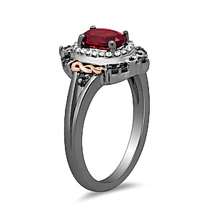 Jewelili Enchanted Disney Fine Jewelry Black Rhodium over Sterling Silver and 10K Rose Gold 1/5 CTTW Black and White Diamond with Red Garnet Evil Queen Ring