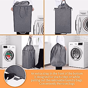 GhvyenntteS Large Freestanding Laundry Hamper Collapsible Laundry Basket with 2 Removable Bags, Sturdy Clothes Hamper with Bottom Plate and Metal Wire Frame for Bathroom Laundry Room, Grey