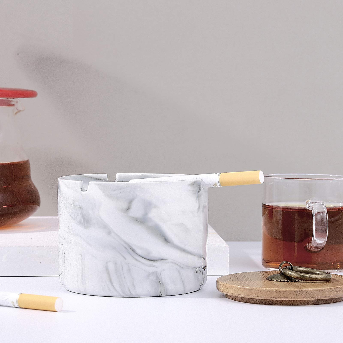 ashtrays for Cigarettes, Pink Marble Ceramic ash Tray with lid,Outdoor Ashtray,Desktop Smoking Ash Tray for Home Office Decoration - Gray (Gray Small)