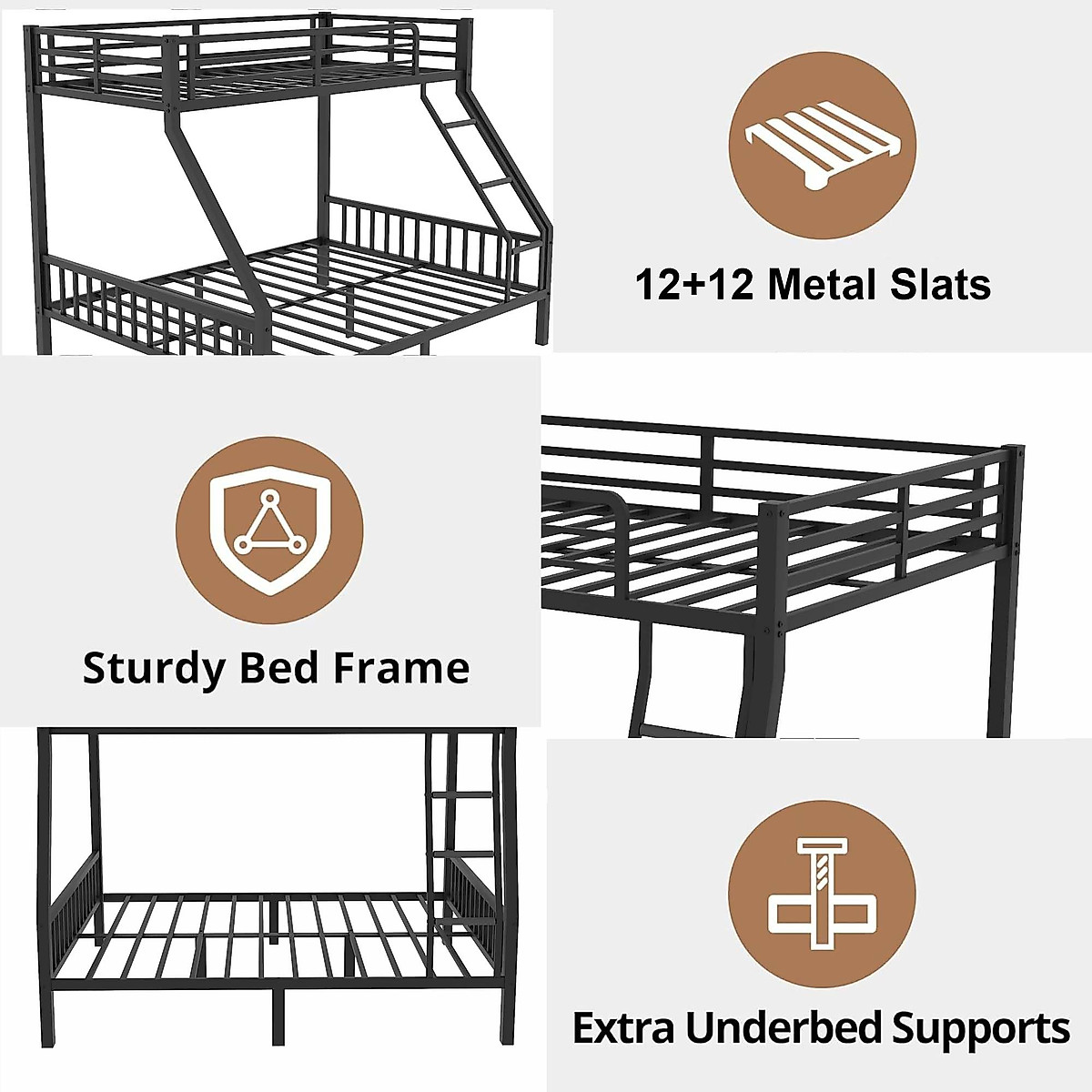 Mirightone Twin XL Over Queen Bunk Beds for Adults and Teens, Heavy-Duty Metal Bunk Bed Frame Ladder and Slats Support for Boys Girls,Space-Saving,Noise Reduced,Black