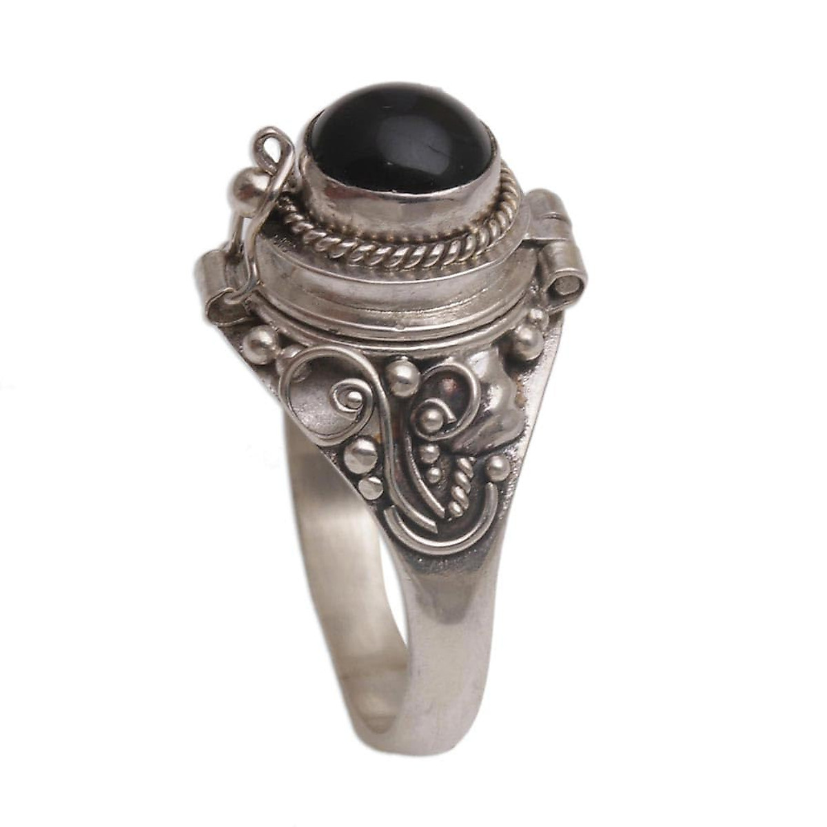 NOVICA Artisan Handmade Onyx Locket Ring 925 Sterling Silver from Bali Black Cocktail Indonesia Birthstone [crownbezel 0.5 in H x 0.4 in W x 0.3 in D Band Width 3 mm W] ' Gerhana Shrine'