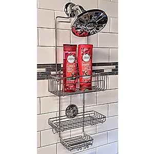 Gecko-Loc Extra Long Hanging Shower Caddy Bundle including 2 Hanger Extensions and 2 Extra Suction Cups -Silver
