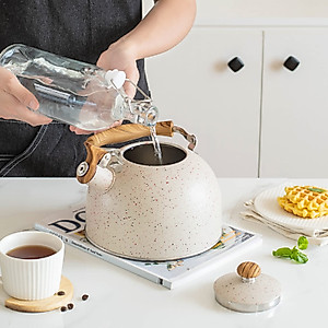 2.6 Quart/2.5 Liter Whistling Tea Kettle Stainless Steel Tea Pots for Stove Top Stylish Kettle With Wood Pattern Anti-slip Handle, White