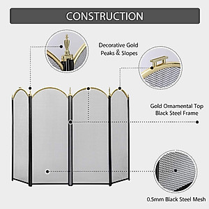 VIVOHOME 4 Panel 51.5 x 32 Inch Fireplace Screen Mesh Baby Safe Proof Fence Spark Guard Cover Ornate Wrought Iron Black Metal Fire Place Standing Gate