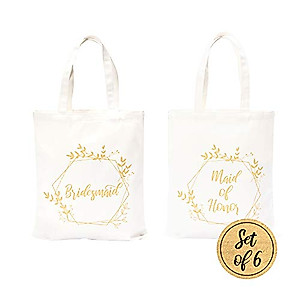 Pop Fizz Designs Bridesmaid Bags | 5 Bridesmaid Tote bags | 1 Maid of Honor Tote Bag (6 pack)