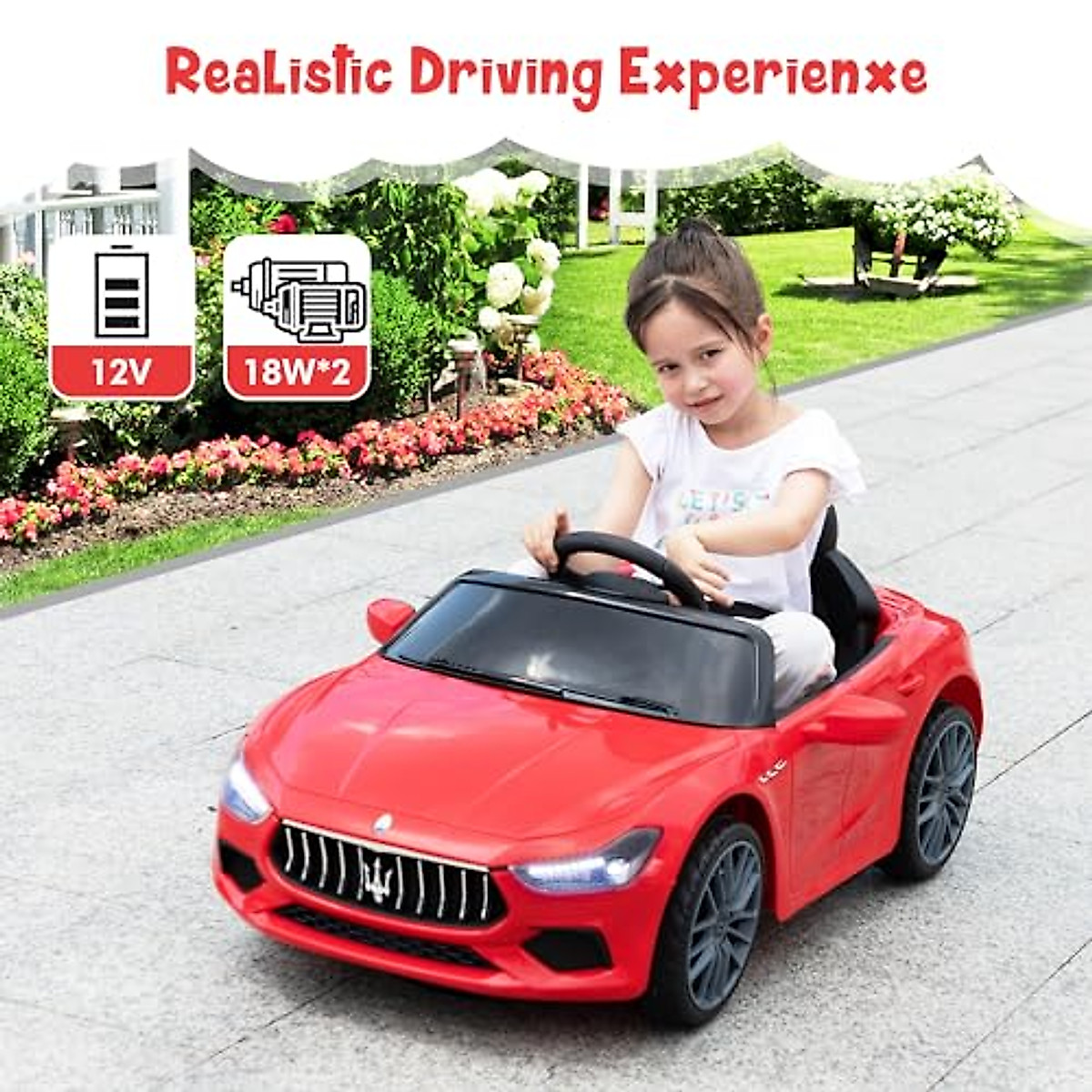 TOBBI Kids Ride on Car, 12V Licensed Maserati Ghibli, Electric Car for Boy Girl with Remote Control, 3 Speeds, Music, Bright Lights, MP3, USB, Electric Vehicle for Kids Ages 3-6 Years, Red