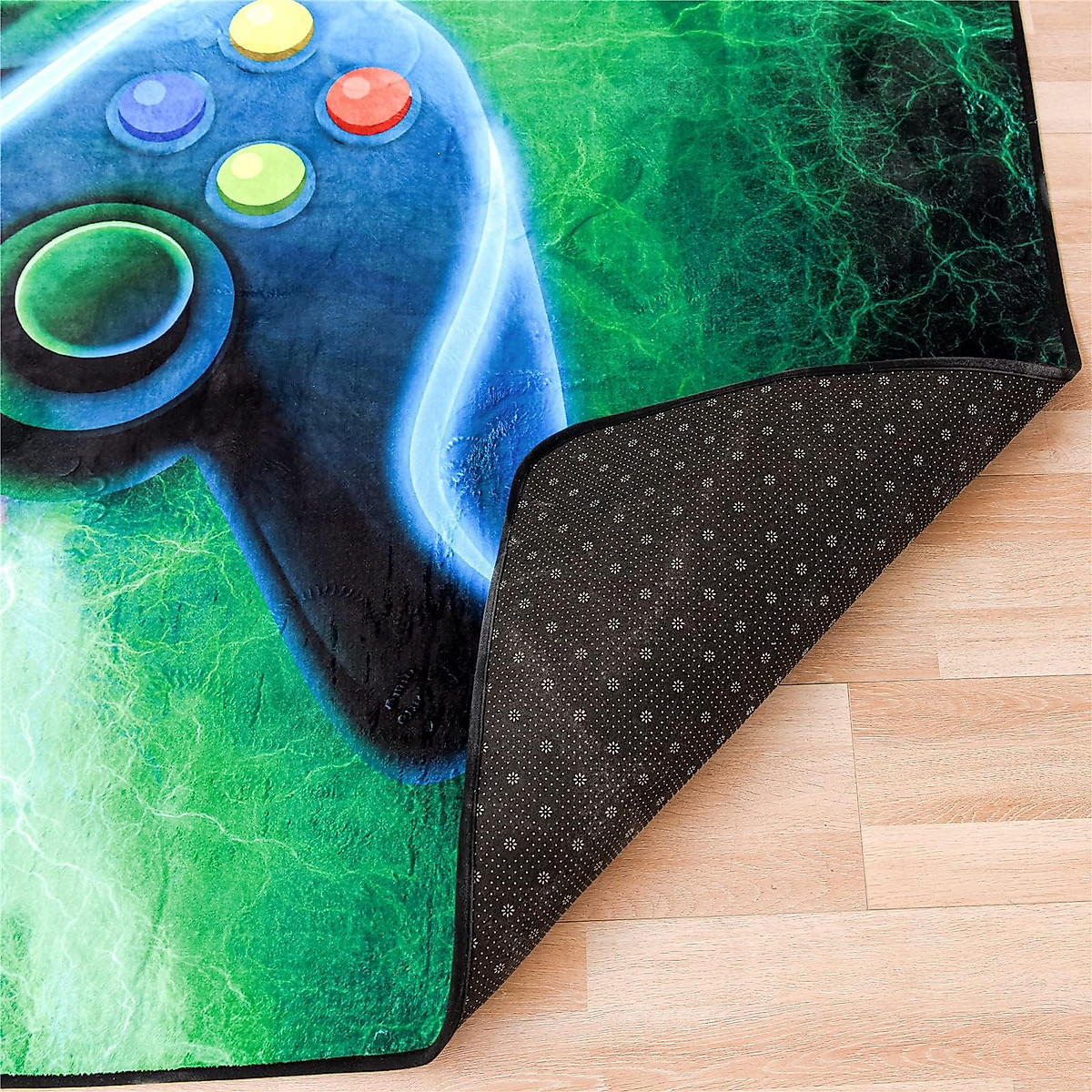 Meeting Story Gamer Gaming Area Rug Tie Dye Lightnings Gamepad Rug Games Console Action Buttons Print Carpet Indoor Floor Sofa Rugs for Kids Bedroom Living Room Game Room Decor(Blue-Green,4 * 6 Feet)