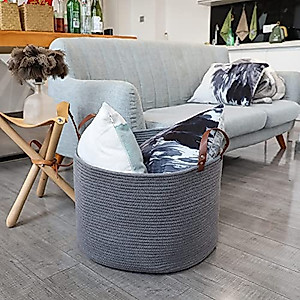 Large Baskets for Storage Cotton Rope Basket Laundry Basket Hamper- Hombins Woven Toy Bin Blanket Holder XXL Grey Collapsible Laundry Basket with Leather Handle, 20"X20"X13"