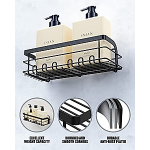 Black Shower Caddy, 4 Packs Self Adhesive Shower Shelves, Bathroom Shower Organizer with 8 hooks, No Drilling Rustproof Stainless Steel Shower Shelf for Inside Shower Wall