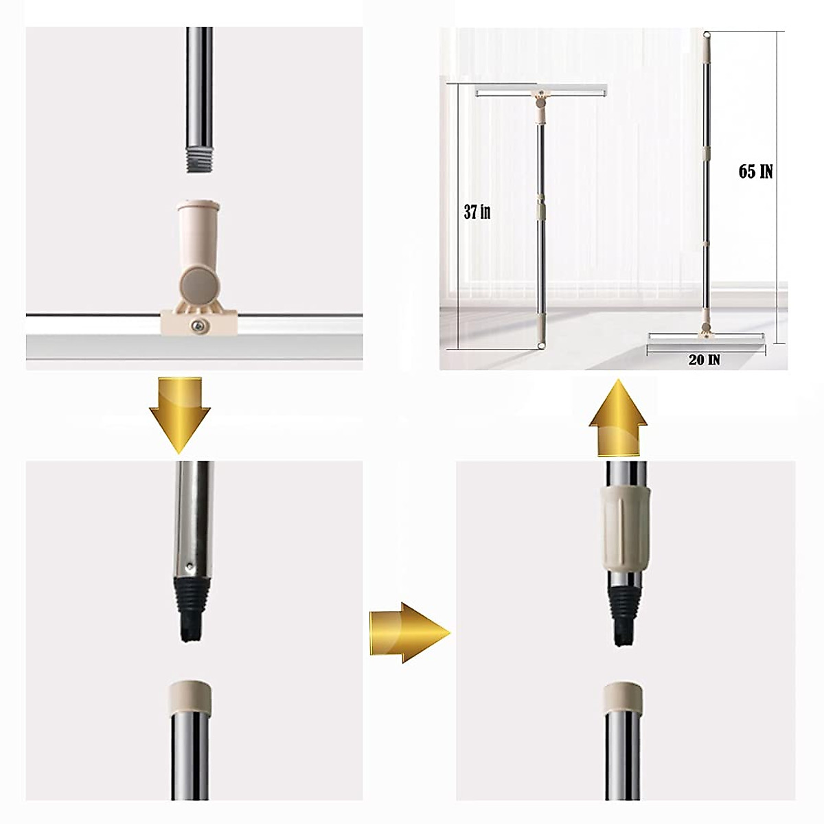 Floor Squeegee 20 inch Silicone Long Handle of 65" for Window Cleaning Shower Squeegee Scrubber Combi with Pole Extendable Telescopic Adjustable Stainless Glass Squeegee Bathroom Shower