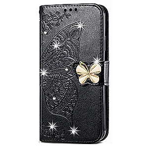Ysnzaq Samsung Galaxy A32 5G (Not 4G) Lanyard Wallet Case,3D Butterfly Embossed Leather Magnetic Clasp Phone Case with Card Slots Holder Cover for Samsung Galaxy A32 5G HZDGS Rhinestone Black