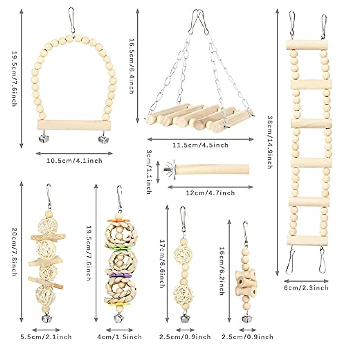GWHOLE 8 PCS Bird Toys for Parakeets, Parrot Swing Chewing Hanging Standing Wooden Toys Bird Cage Accessories for Parrots Cockatiels Conures Budgies