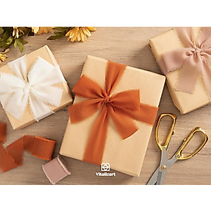 Vitalizart Fall Handmade Chiffon Silk Ribbon Fringe 1.5" x 21 Yd Terracotta Cream Frayed Edges Ribbons for Wedding Invitations Bridal Bouquets Gifts Wrapping Crafts Holiday Party Decorations