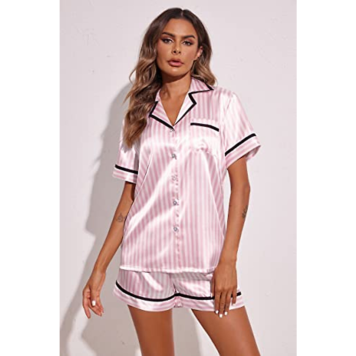 Ekouaer Womens Short Satin Pajama Sets Comfortable Relaxed Button Front Silk Sleepwear Set (Pink Stripe,L)