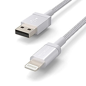 Amazon Basics Nylon USB-A to Lightning Cable Cord, MFi Certified Charger for Apple iPhone 14 13 12 11 X Xs Pro, Pro Max, Plus, iPad, Silver, 3-Ft
