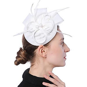 Coolwife Womens Fascinator Hat Sinamay Pillbox Flower Feather Tea Party Derby Wedding Headwear (A White)