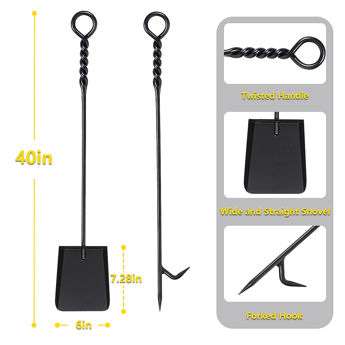 Fireplace Tools Set with 40inch Twisted Rope Design Fire Poker and Fireplace Shovel, Heavy Duty Handmade Fire Poker and Shovel for Outdoor Fire Pit Indoor FirePlace Solo Stove, Rustic Antique Style