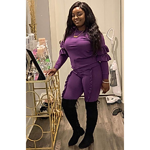 Akmipoem Casual Ruffle Two Piece Outfits Pullover Tops and Pants Jumpsuit Set for Ladies Purple XL
